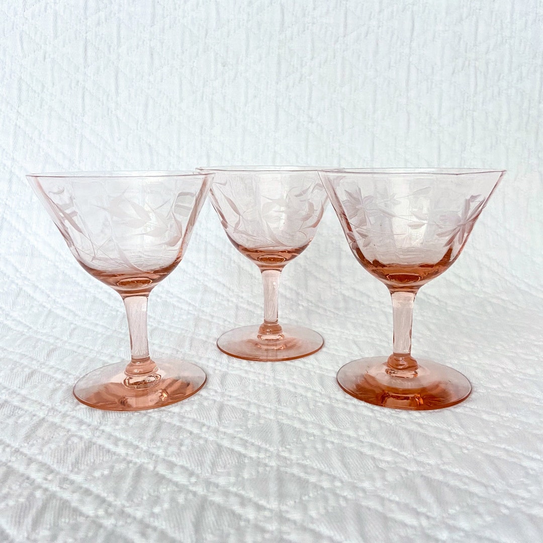 Pink Small Cocktail Glasses Short Coupes Etched Depression Glass Small ...
