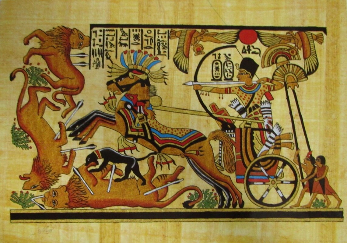 Tutankhamun Hunting Lions in the Desert 4 1/16x 5 3/4" Egyptian ...