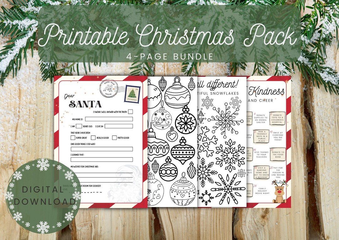4-page Printable Christmas Pack, Coloring Pages, and Kindness Advent ...