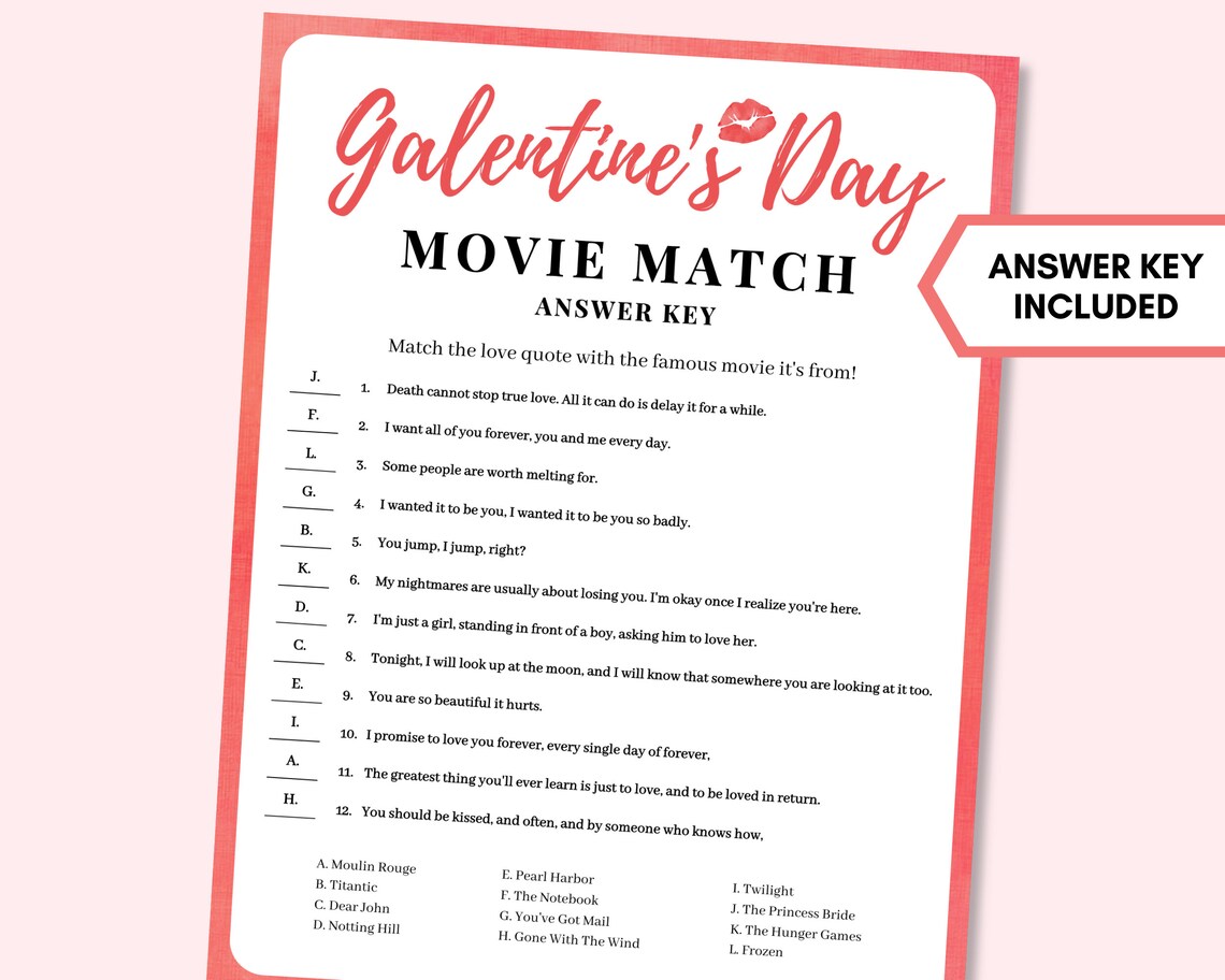 Galentines Day Movie Match Game, Galentines Day Party Game, Valentines ...