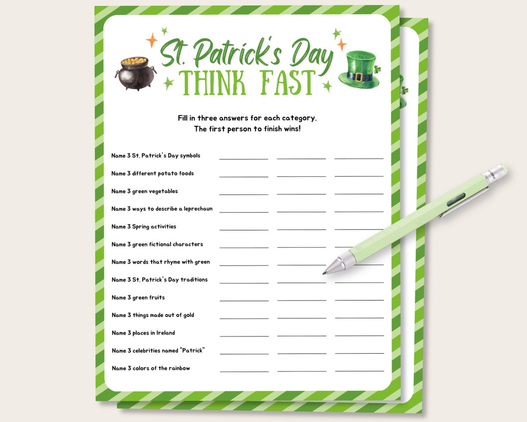 St Patrick's Day Think Fast Game, Printable St Patricks Day Party Game ...