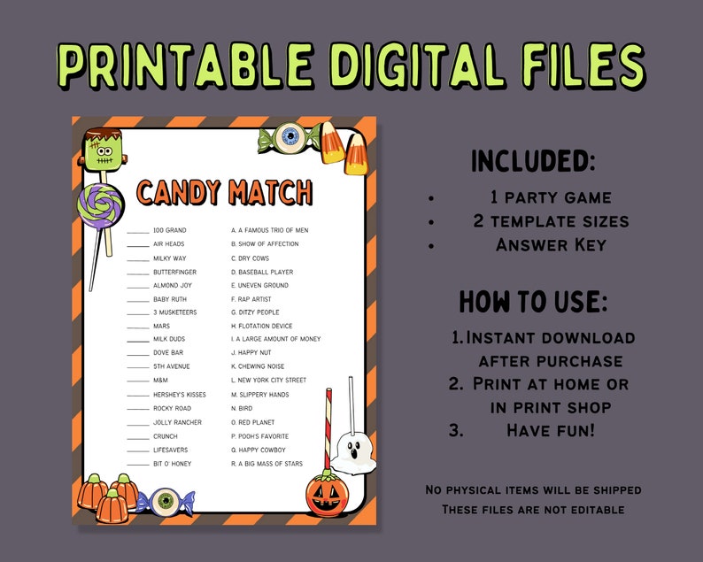 Halloween Candy Match Game, Halloween Trivia Quiz, Halloween Activity ...