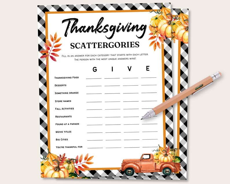 Thanksgiving Scattergories Game, Printable Thanksgiving Game ...