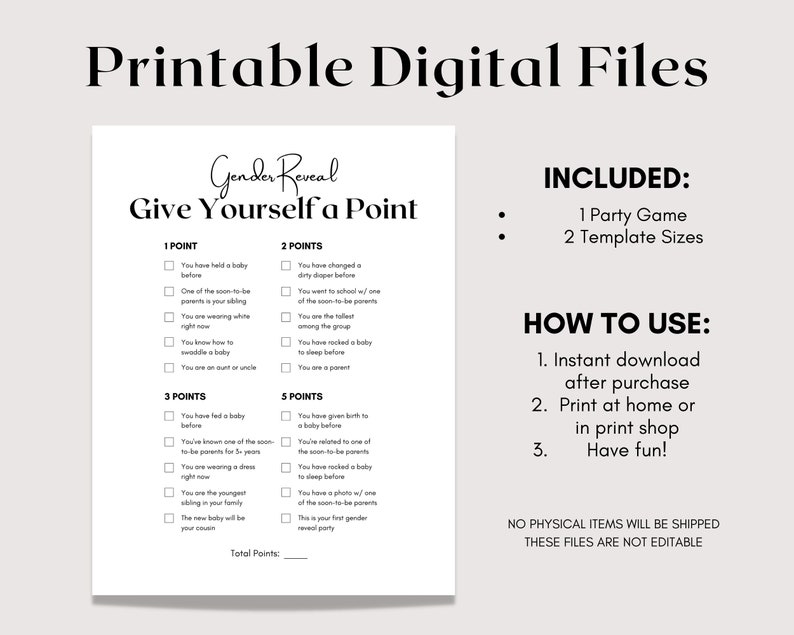 Give Yourself a Point, Gender Reveal Game, Baby Shower Game, Minimalist ...