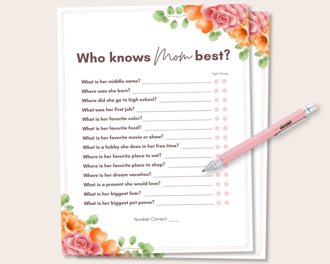Who Knows Mom Best, Printable Mothers Day Game, Mothers Day Party Game ...