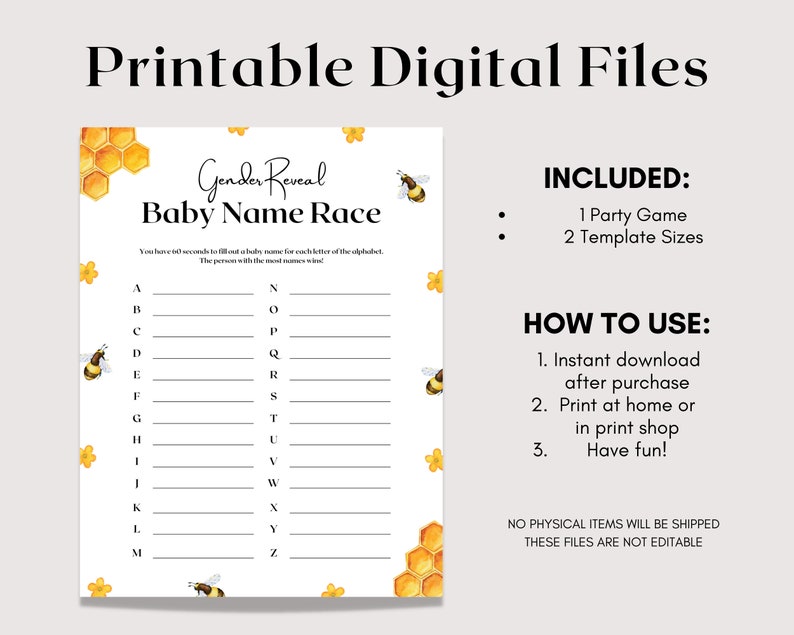 Bee Baby Name Race Bee Gender Reveal Game Bee Baby Shower - Etsy