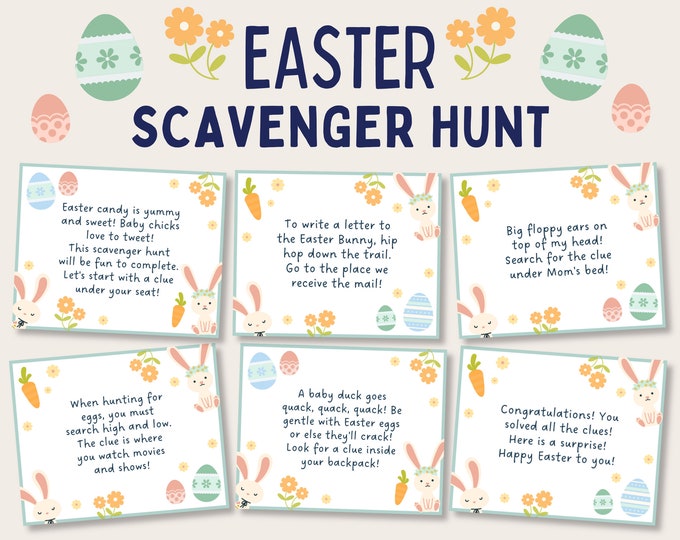Easter Egg Hunt Game, Indoor Easter Egg Hunt Clues, Easter Printable ...