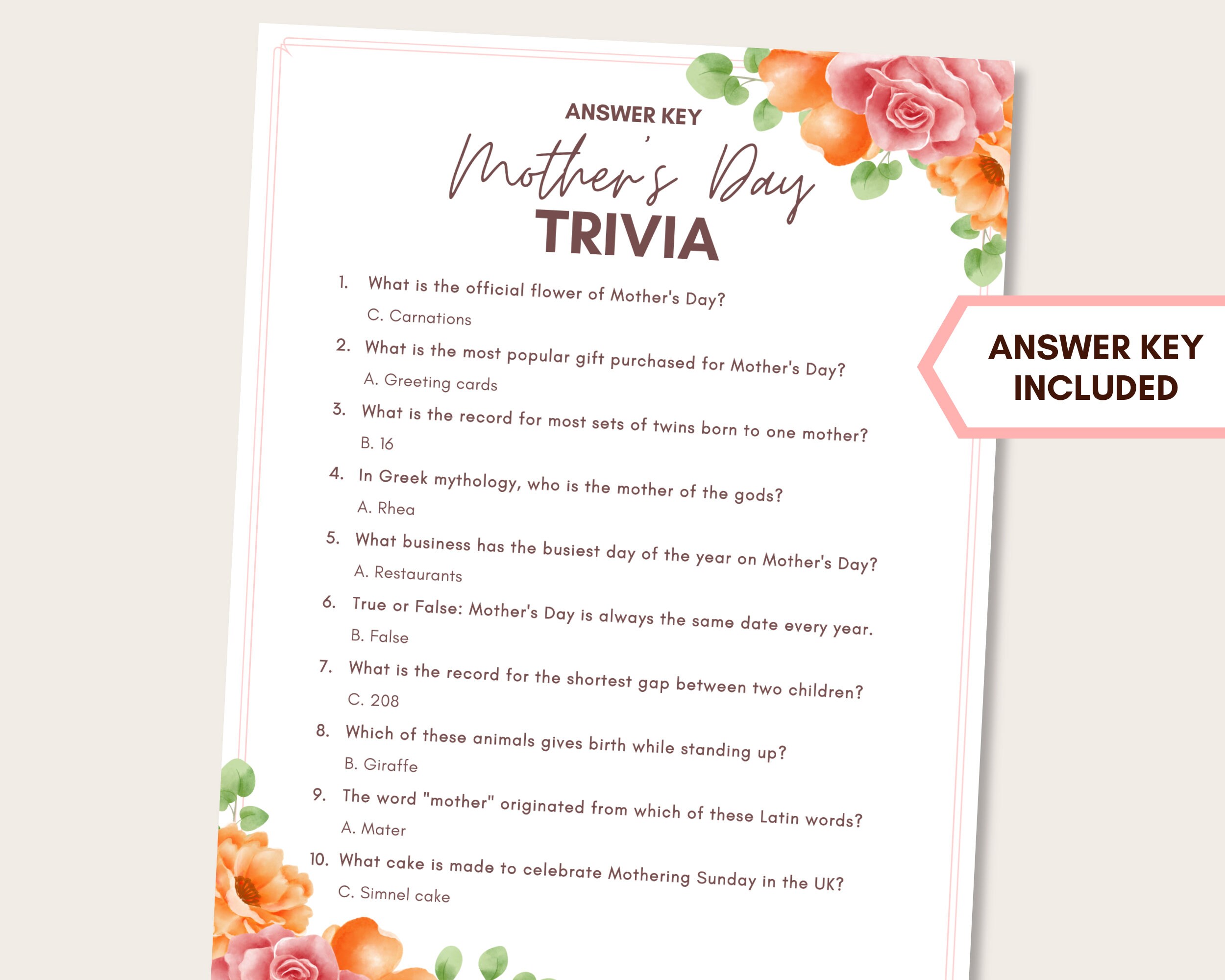 Mothers Day Trivia, Mothers Day Trivia Quiz, Mothers Day Printable Game ...