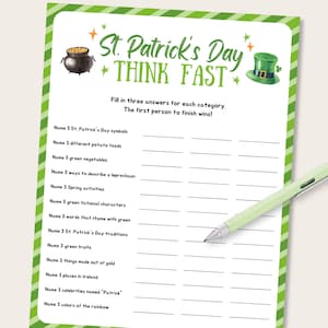 St Patrick's Day Think Fast Game, Printable St Patricks Day Party Game ...