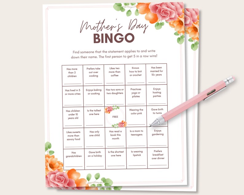 Mothers Day Bingo Mother Day Printable Game Mother Day Party - Etsy