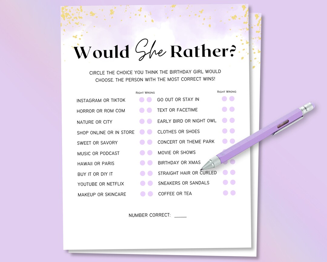 Would She Rather, Purple Teen Girl Birthday Game, Purple Birthday Games ...