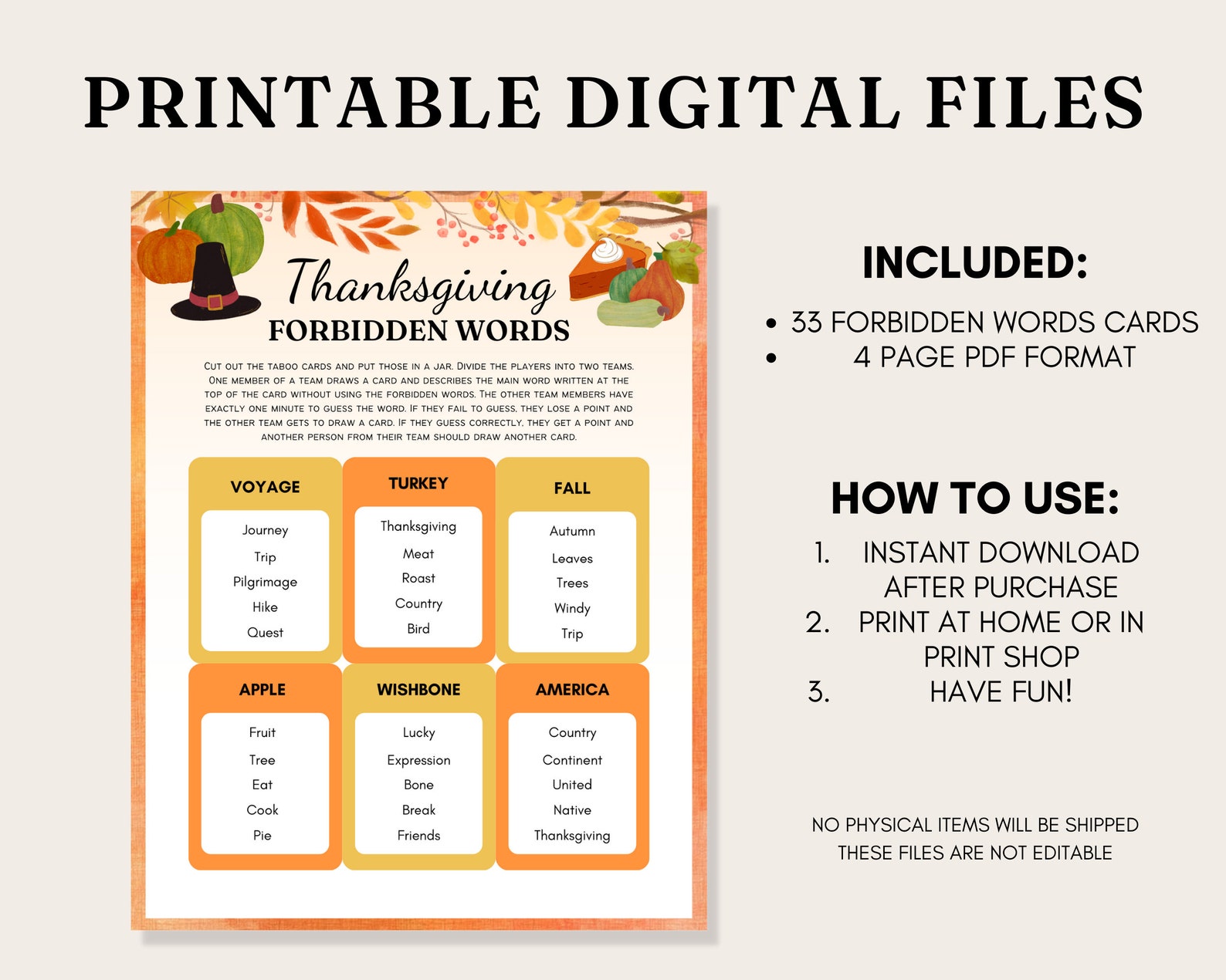 Thanksgiving Forbidden Words Thanksgiving Taboo Game - Etsy