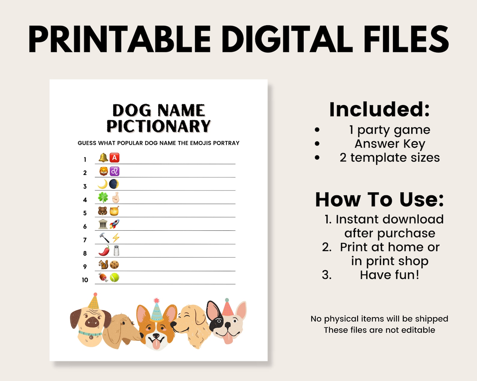 Dog Name Pictionary, Dog Birthday Party Game, Printable Dog Party Game ...