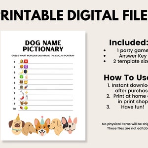 Dog Name Pictionary, Dog Birthday Party Game, Printable Dog Party Game ...