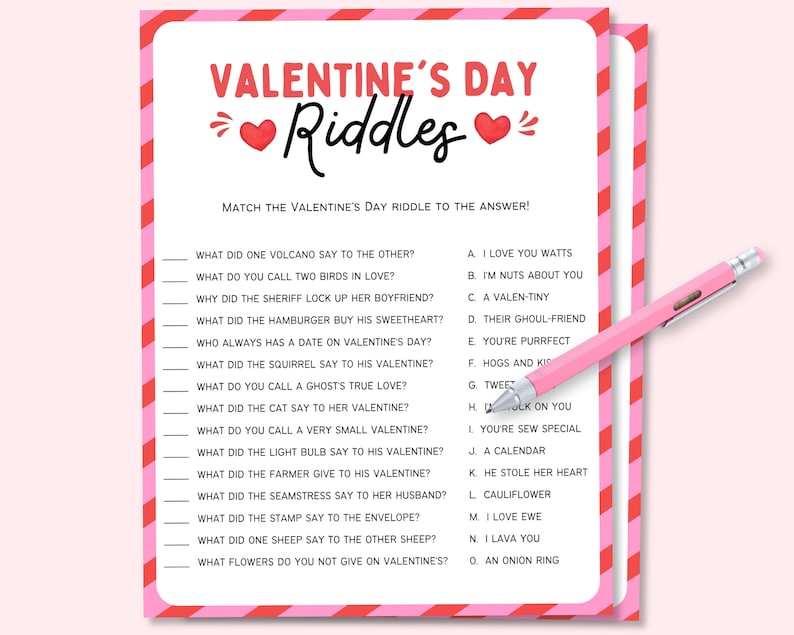 Valentines Day Riddles Quiz, Valentines Day Party Game, Valentines Day ...