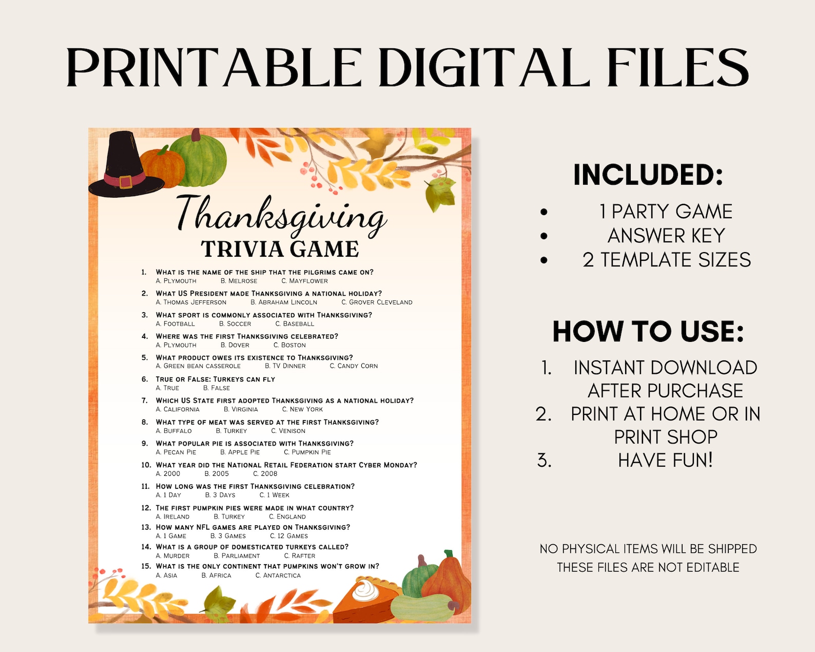 Thanksgiving Trivia Game Thanksgiving Trivia Quiz for Kids - Etsy