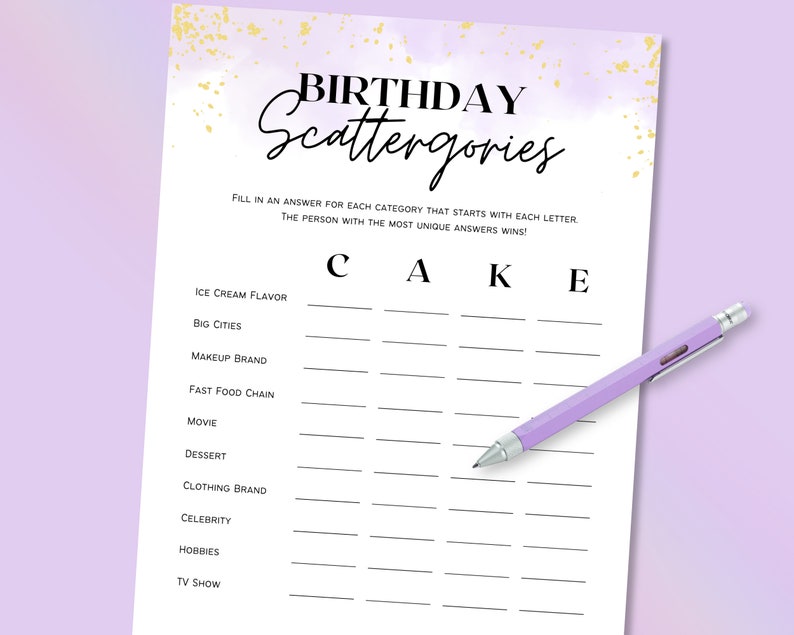 Birthday Scattergories Purple Teen Girl Birthday Game Teen - Etsy