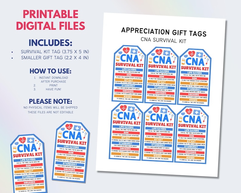 CNA Appreciation Gift Tag, Nursing Assistant Survival Kit Tag, Happy ...