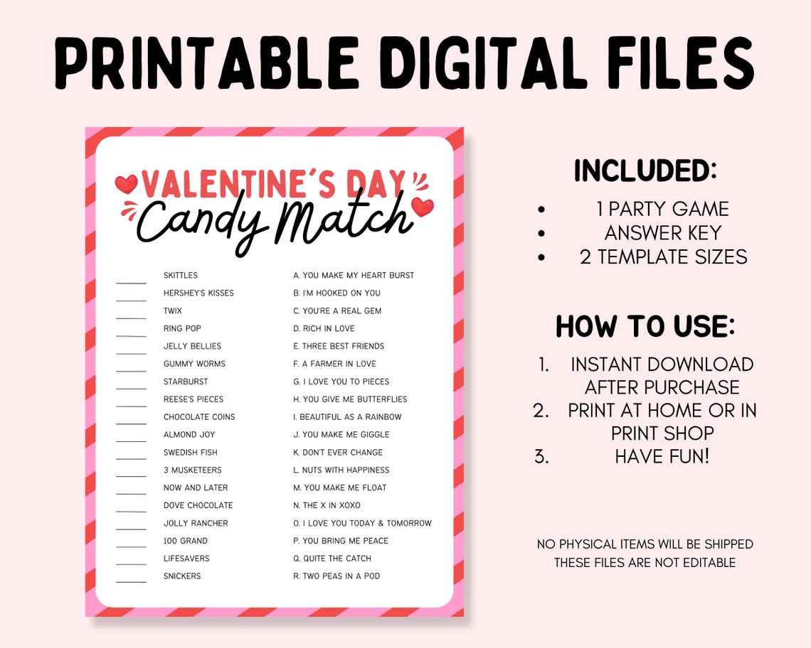 Valentines Day Candy Match, Valentines Day Party Game, Valentine Day ...