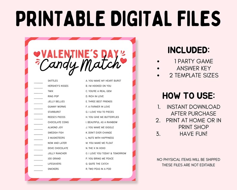 Valentines Day Candy Match Valentines Day Party Game - Etsy