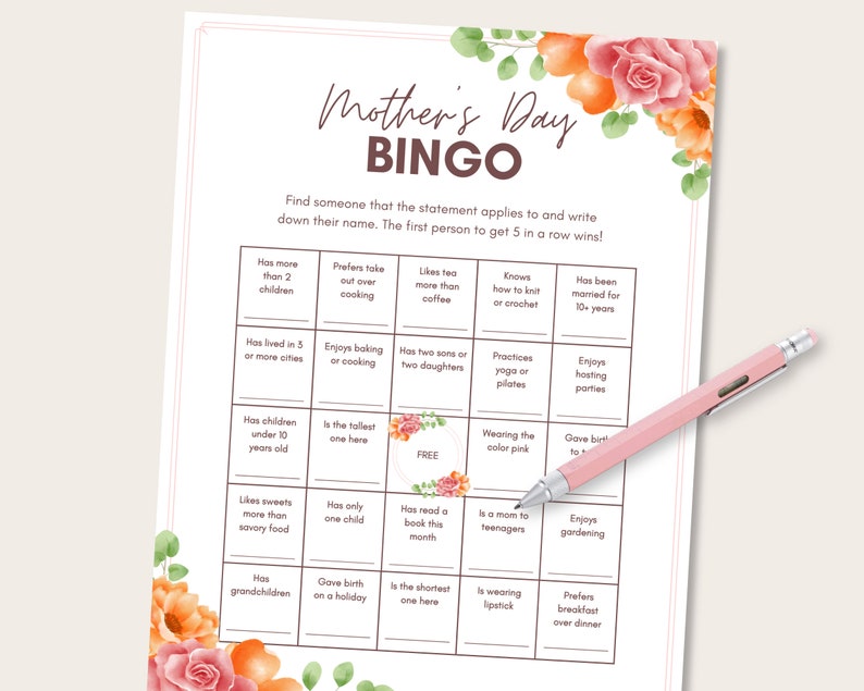 Mothers Day Bingo Mother Day Printable Game Mother Day Party - Etsy