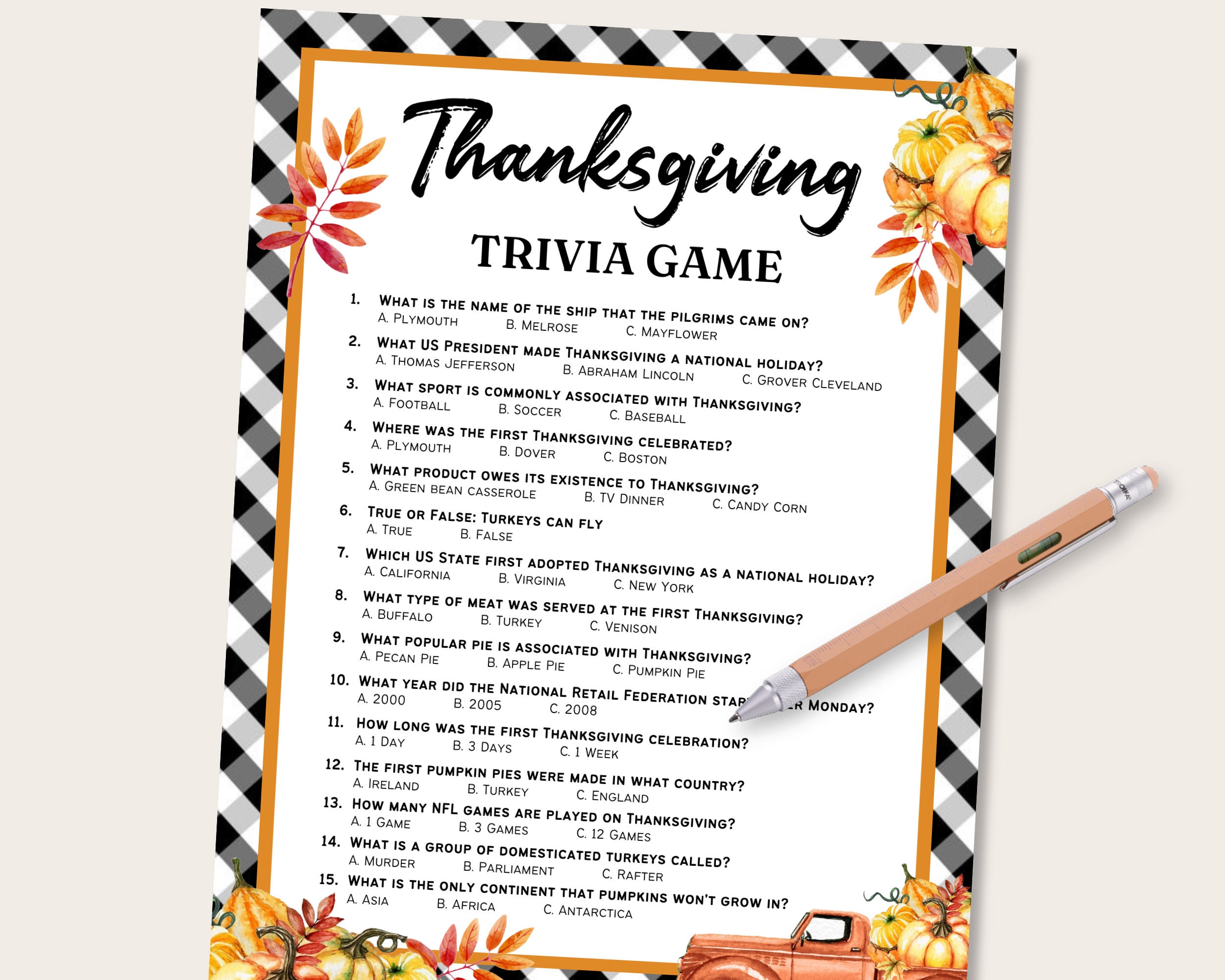 Thanksgiving Trivia Quiz, Thanksgiving Trivia Game, Thanksgiving Party ...