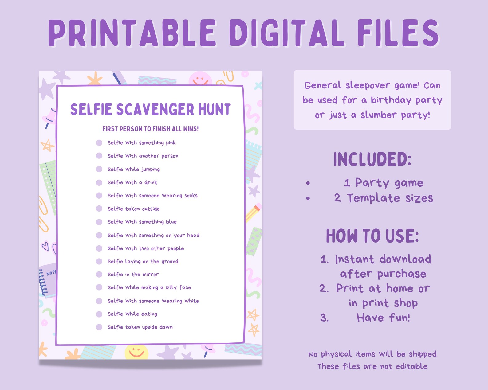 Selfie Scavenger Hunt Girls Birthday Party Games Slumber - Etsy