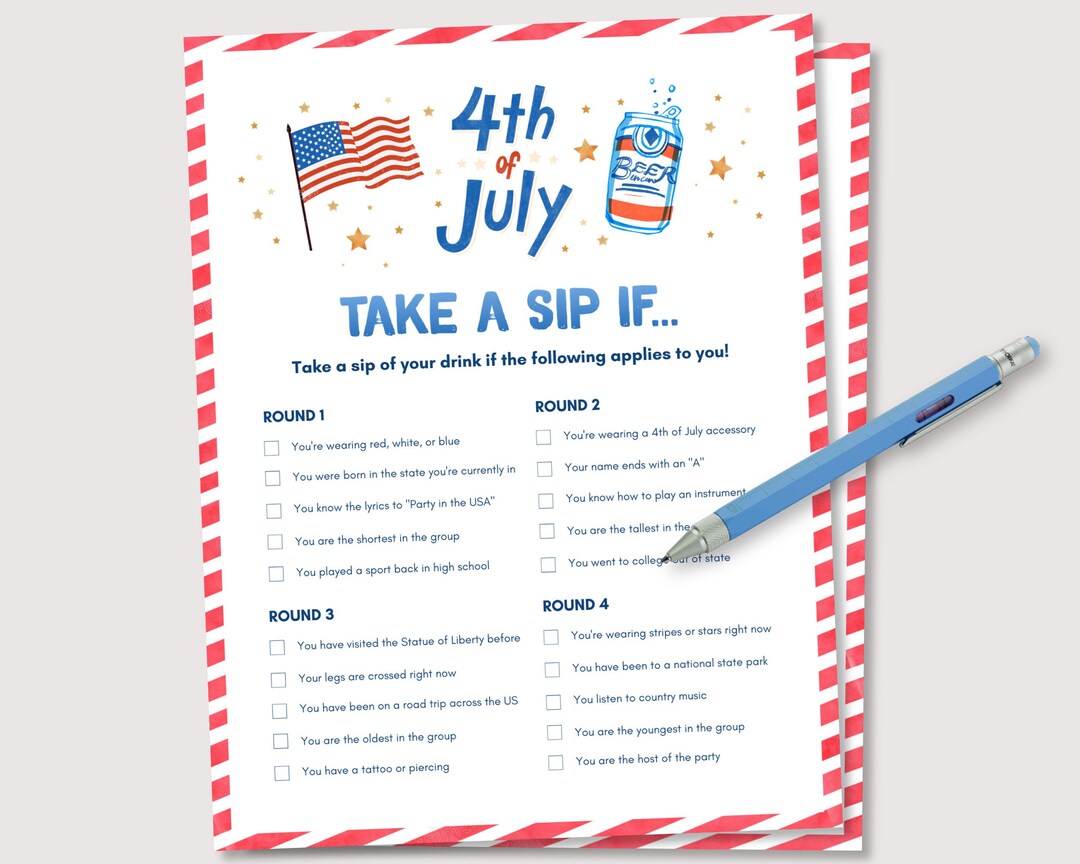 4th of July Drinking Game, July 4th Party Game for Adults, Printable ...
