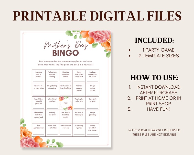 Mothers Day Bingo Mother Day Printable Game Mother Day Party - Etsy