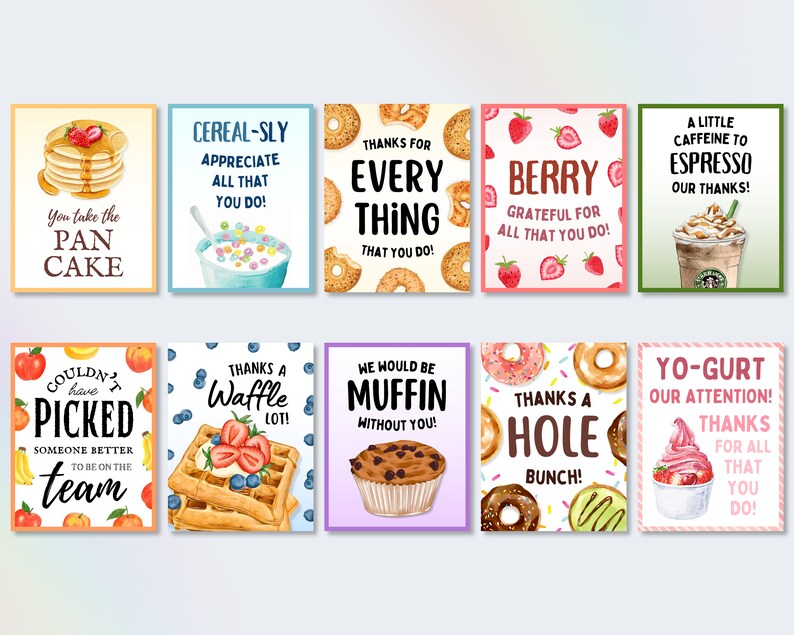 20 Employee Brunch Appreciation Gift Tag & Sign Bundle, Breakfast ...