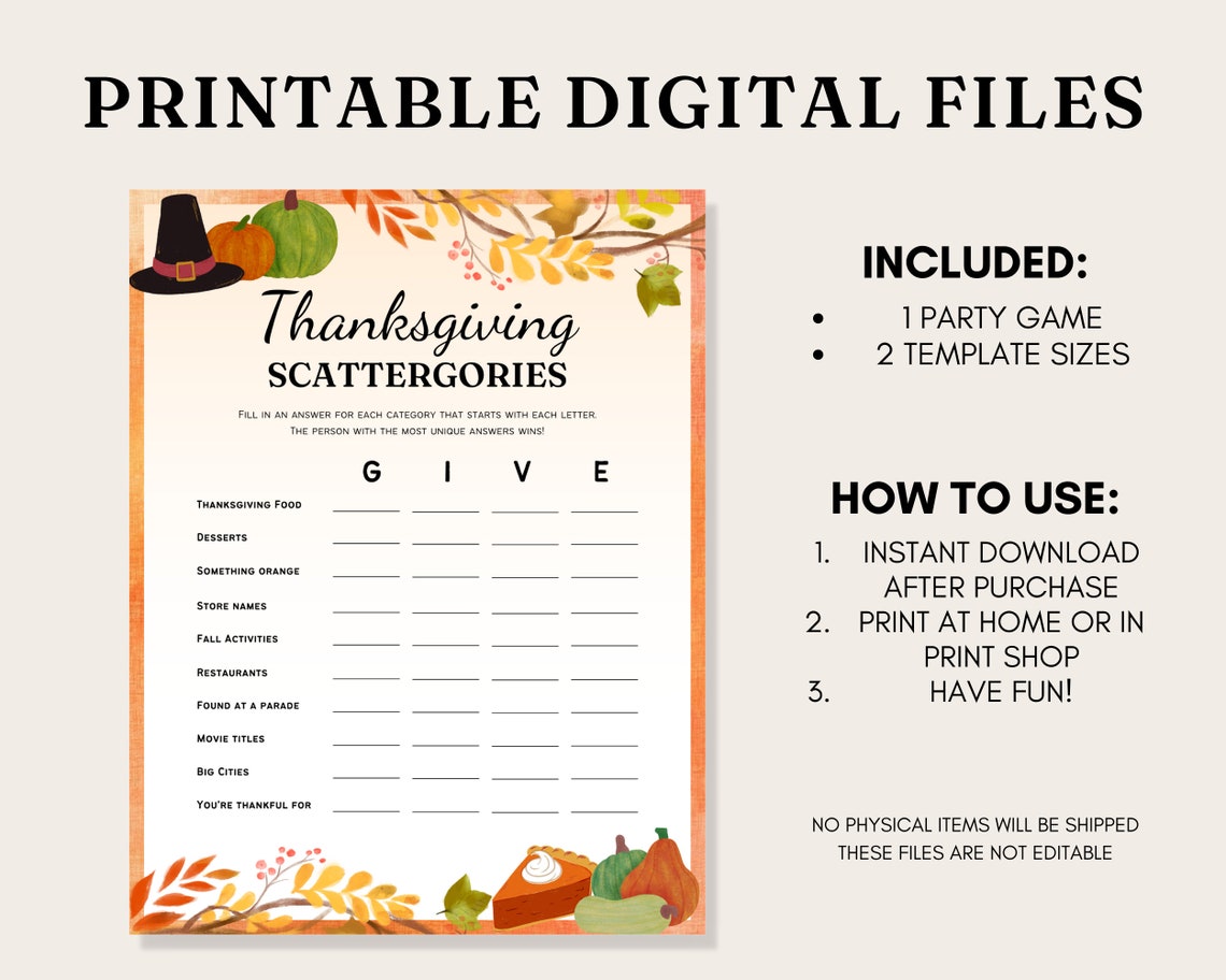 Thanksgiving Scattergories Thanksgiving Party Game - Etsy