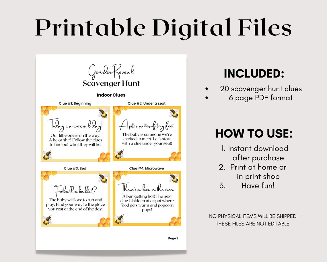 Bee Gender Reveal Scavenger Hunt Bee Gender Reveal Hunt - Etsy