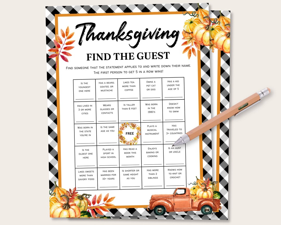 Thanksgiving Bingo Game, Thanksgiving Find the Guest Bingo ...