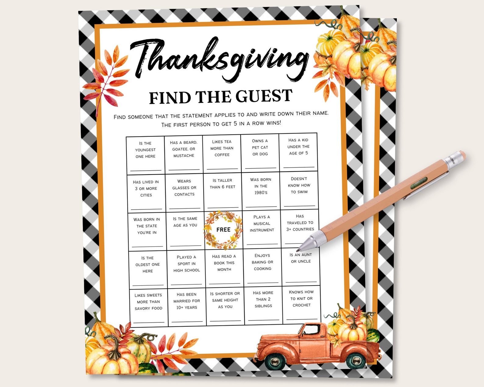 Thanksgiving Bingo Game, Thanksgiving Find the Guest Bingo ...