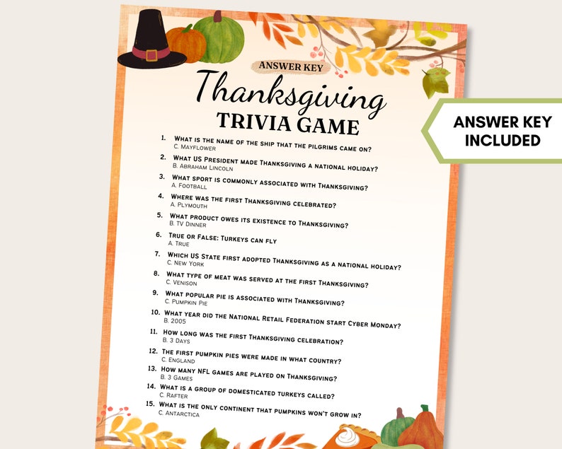 Thanksgiving Trivia Game Thanksgiving Trivia Quiz for Kids - Etsy