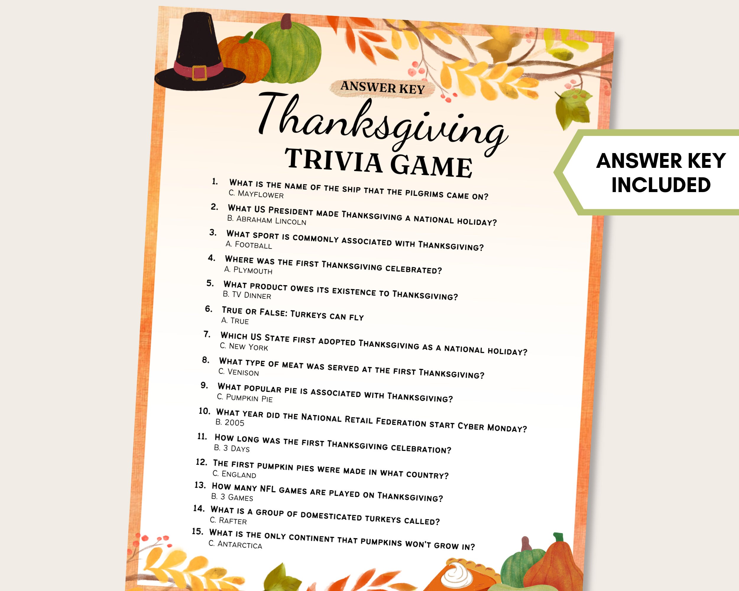 Thanksgiving Trivia Game, Thanksgiving Trivia Quiz for Kids ...