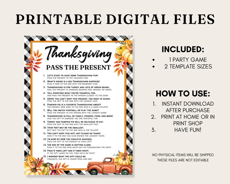Thanksgiving Pass the Present Game, Thanksgiving Party Game ...