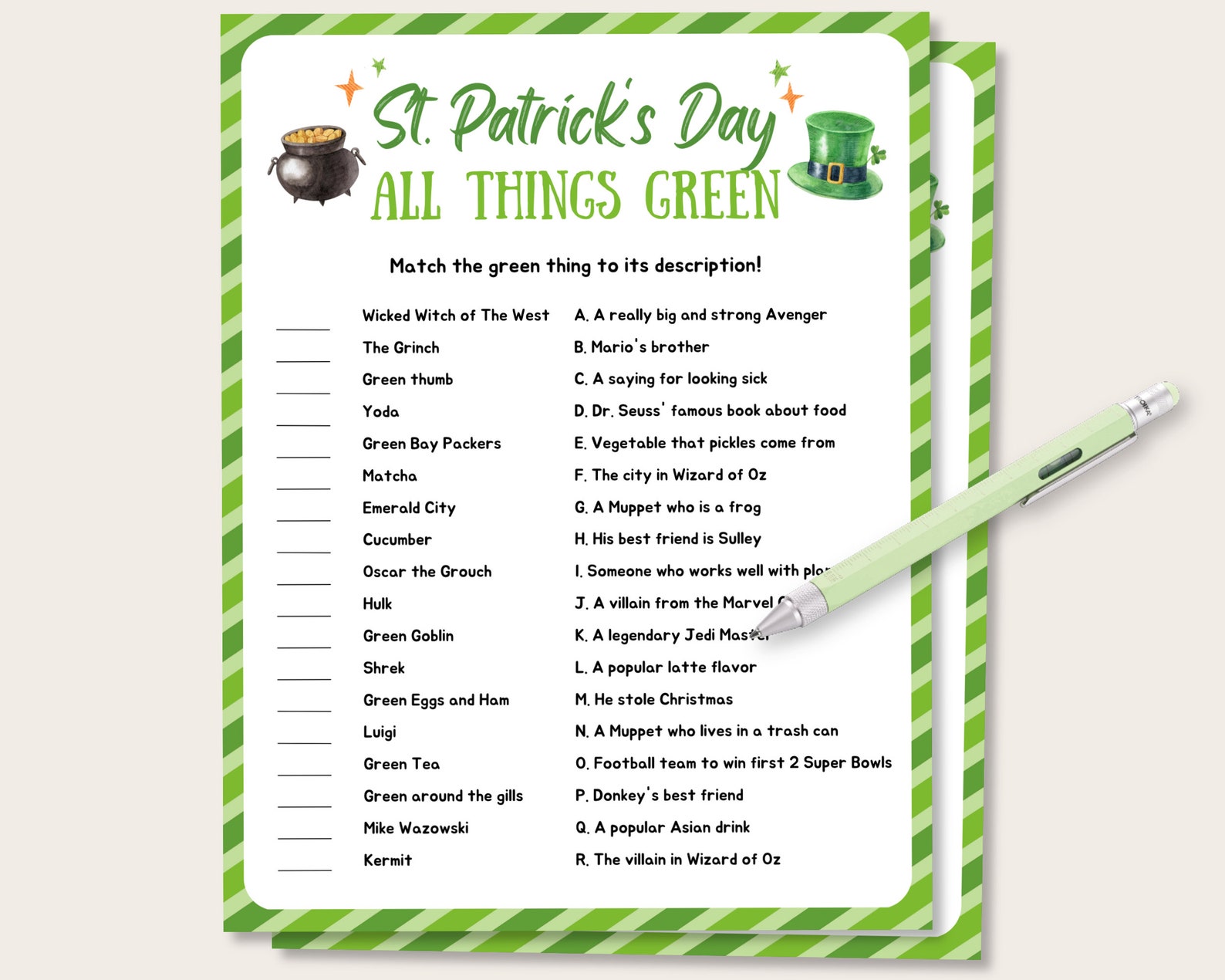 St Patrick's Day All Things Green Quiz, Fun St Patricks Day Quiz for ...