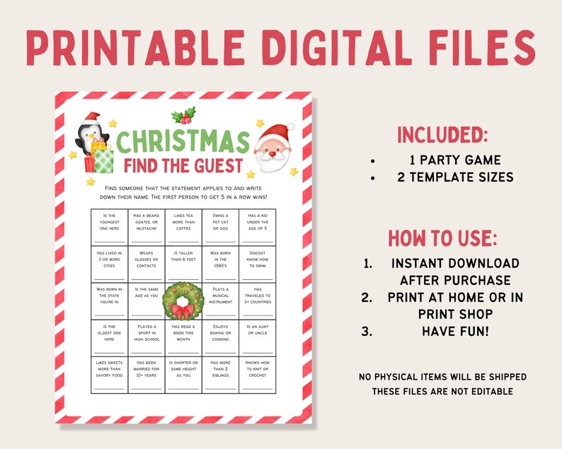 Christmas Find the Guest Game, Christmas Bingo, Christmas Mix & Mingle ...
