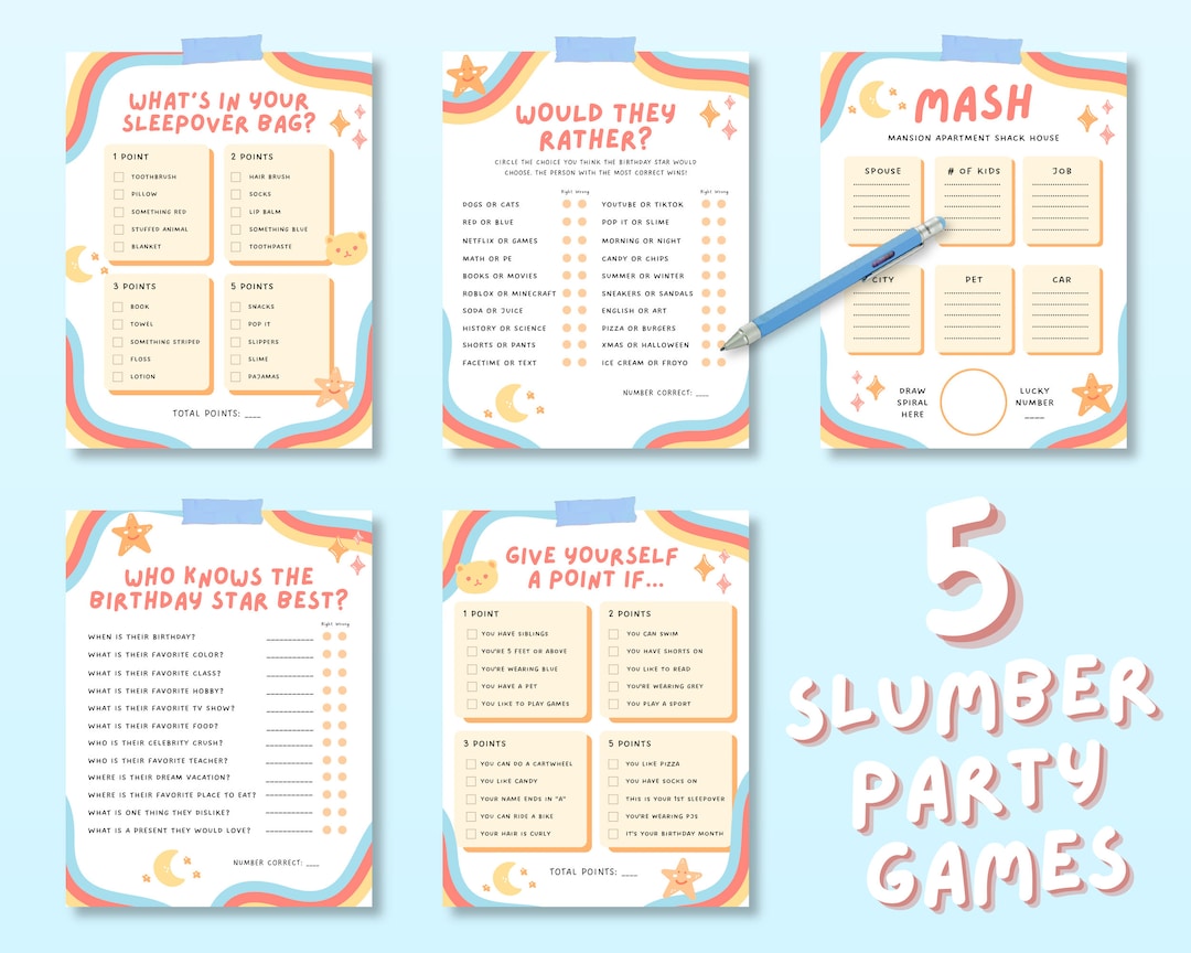 Blue Slumber Party Games Bundle, Boys Sleepover Games, Boy Birthday ...