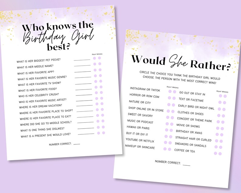 Purple Teen Girl Birthday Games Purple Birthday Games for - Etsy