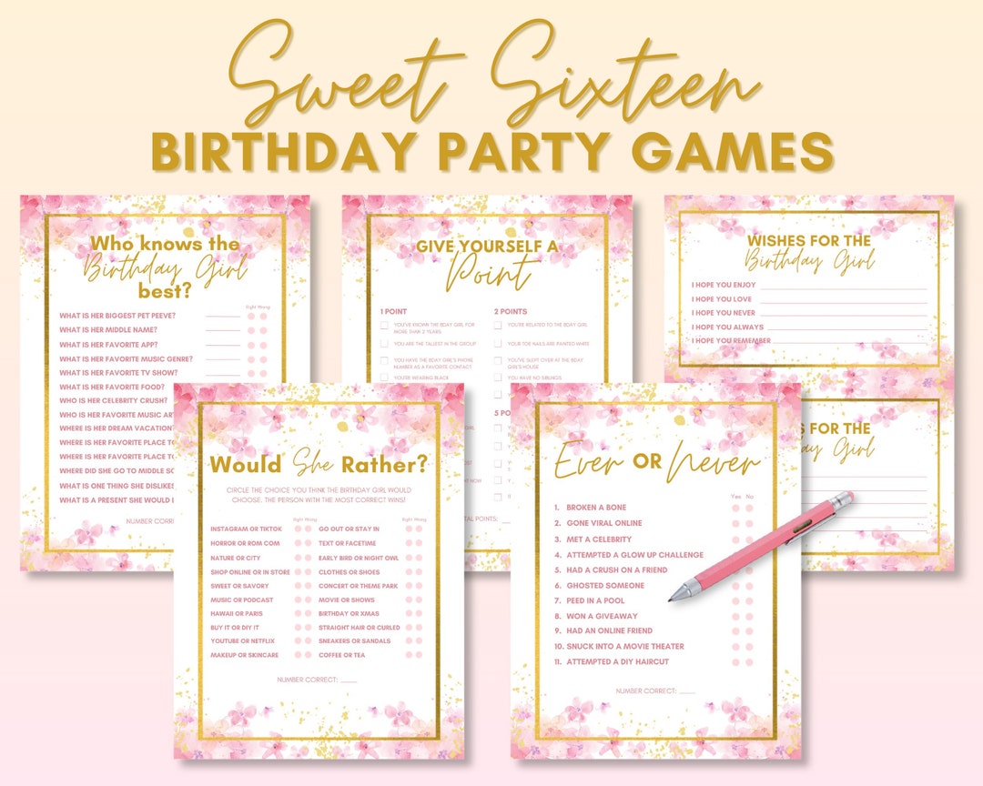 Sweet 16 Birthday Party Games Bundle, Rose Gold Theme, Teenager ...