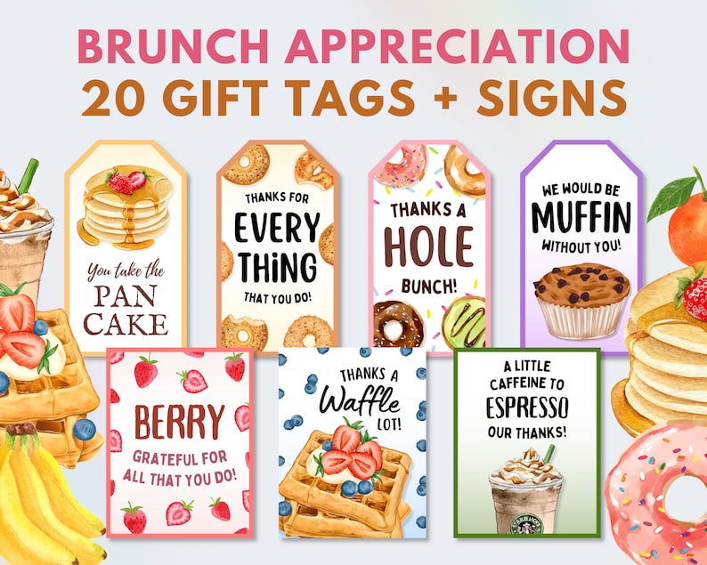 20 Employee Brunch Appreciation Gift Tag & Sign Bundle, Breakfast ...