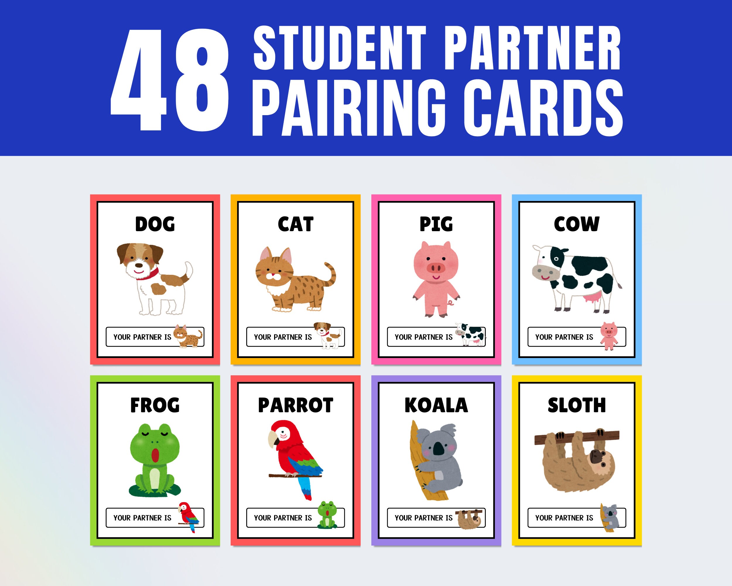 Animal Partner Pairing Cards, Classroom Student Partner Matching Cards ...