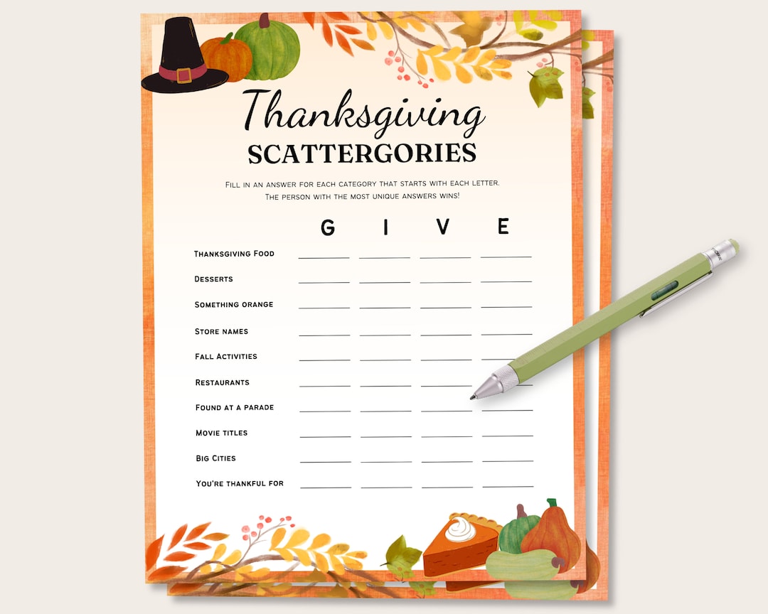 Thanksgiving Scattergories, Thanksgiving Party Game, Thanksgiving ...