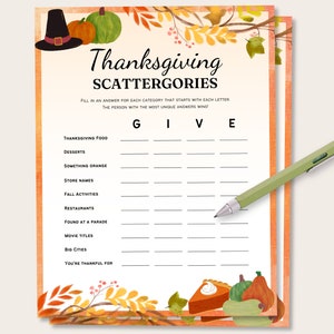 Thanksgiving Scattergories, Thanksgiving Party Game, Thanksgiving ...