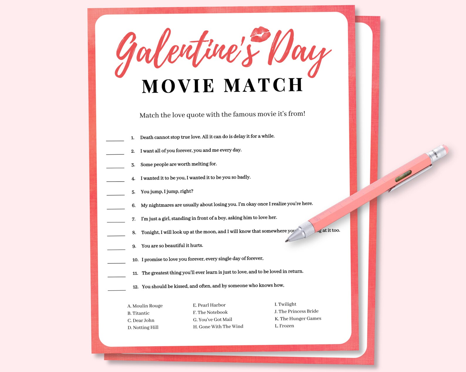 Galentines Day Movie Match Game, Galentines Day Party Game, Valentines ...