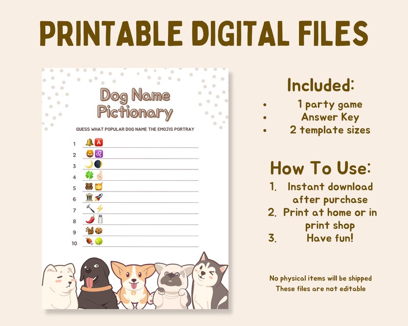 Dog Name Emoji Quiz, Dog Birthday Party Game, Printable Puppy First ...
