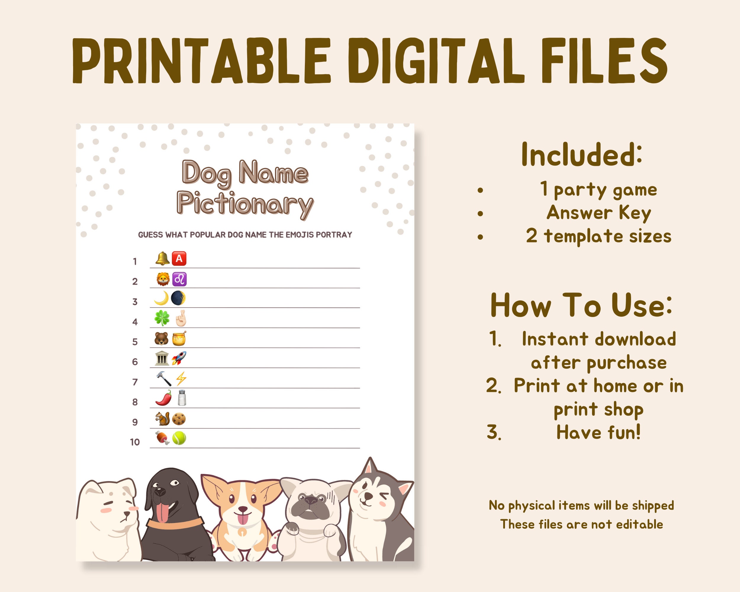 Dog Name Emoji Quiz, Dog Birthday Party Game, Printable Puppy First ...