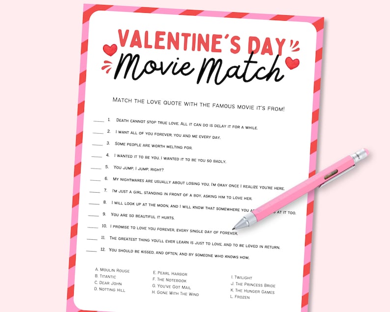 Valentines Day Movie Match Game, Galentines Day Party Game, Ladies ...